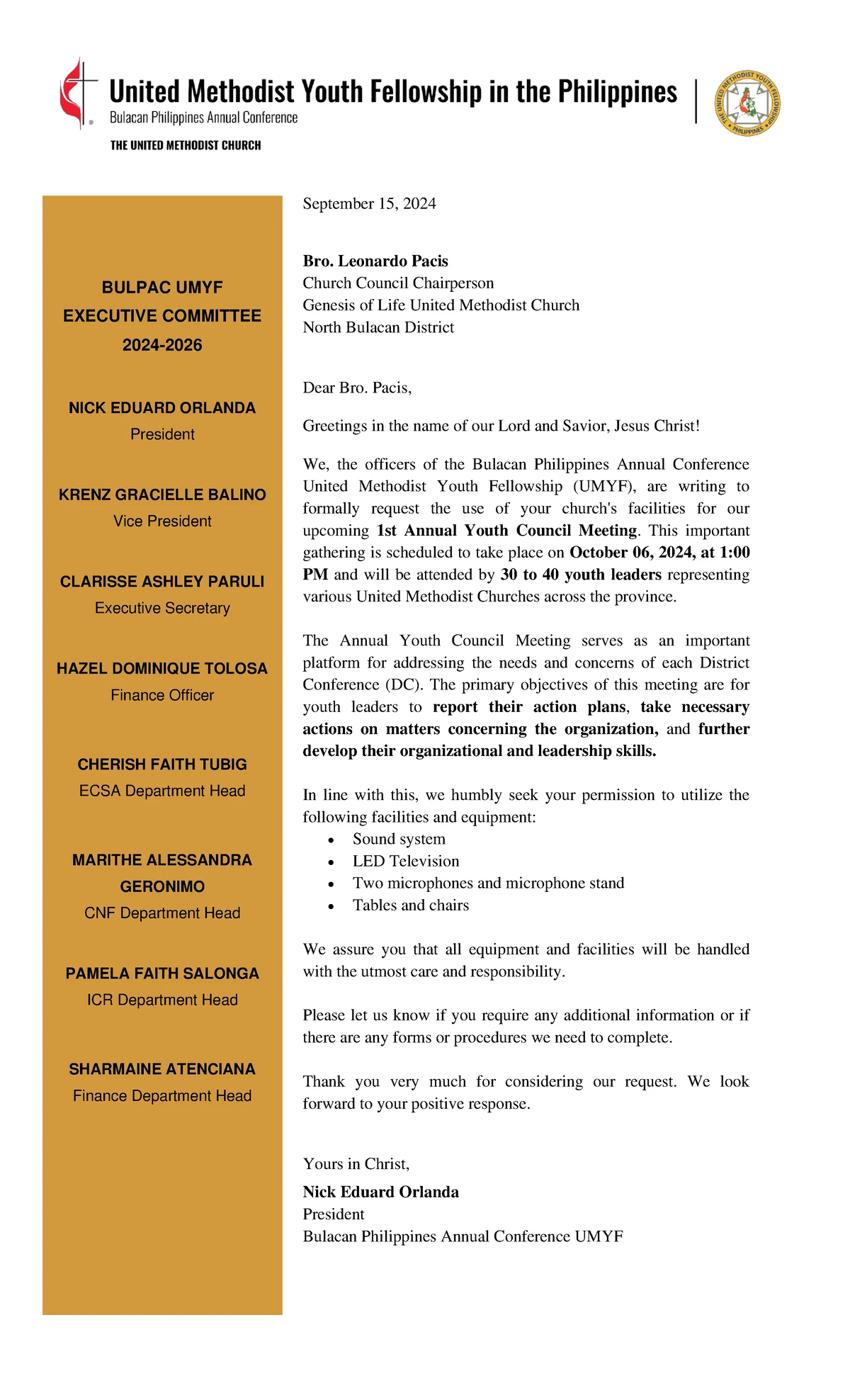 GOL UMC Request Letter for Facilities Use - UMYF Meeting - Studocu