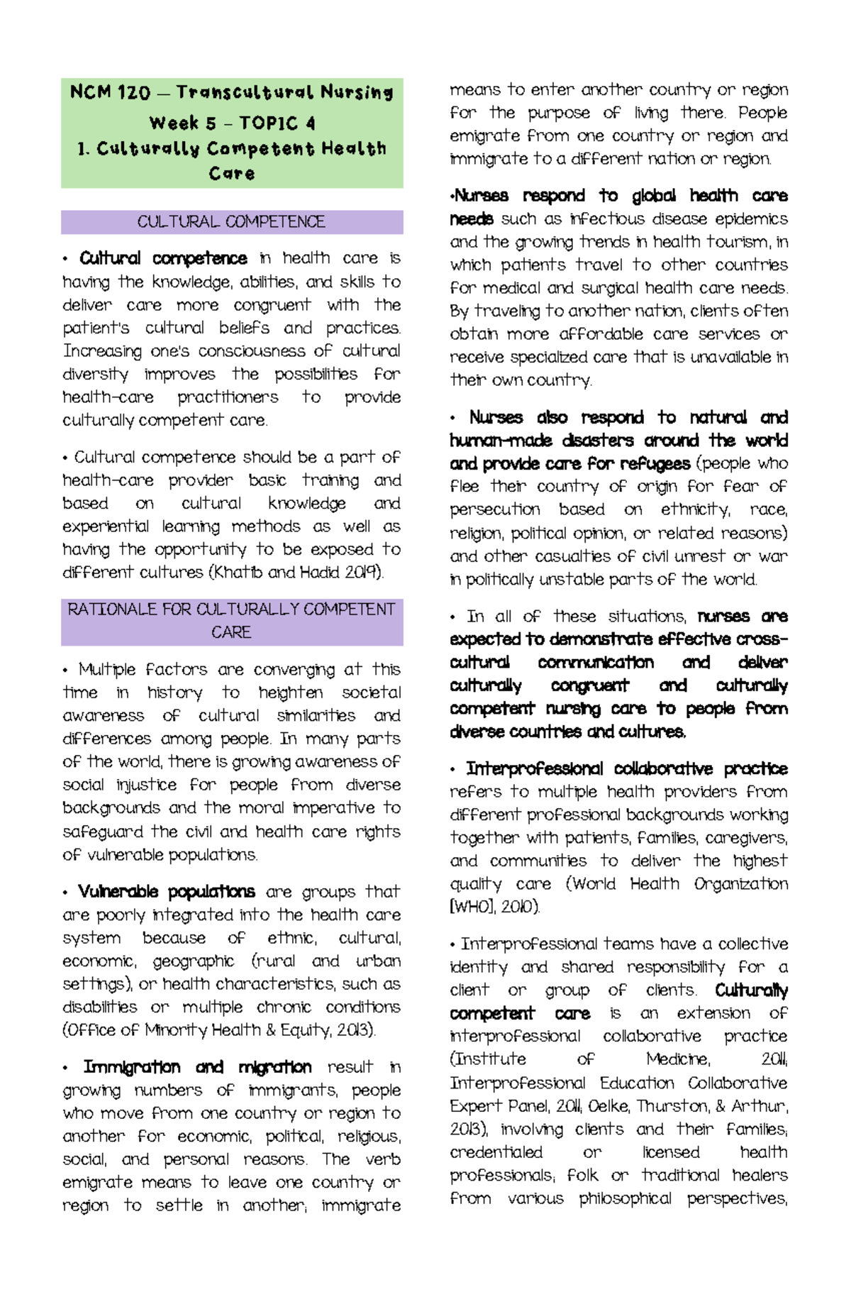 NCM-120 Transcultural Nursing Week 5: Cultural Competence in Care - Studocu