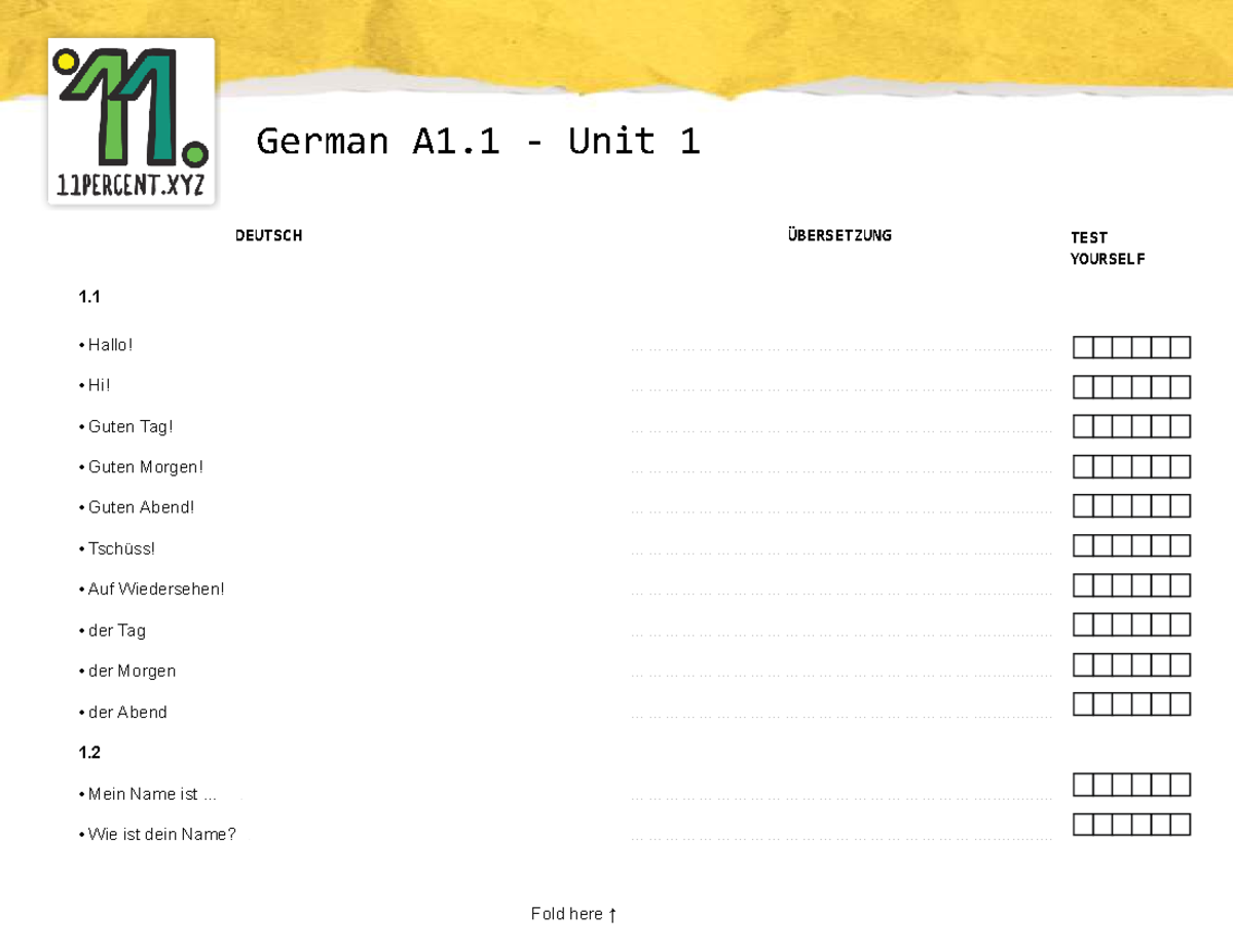 German A1.1 Vocabulary List: Unit 1 Translations & Self-Test - Studocu