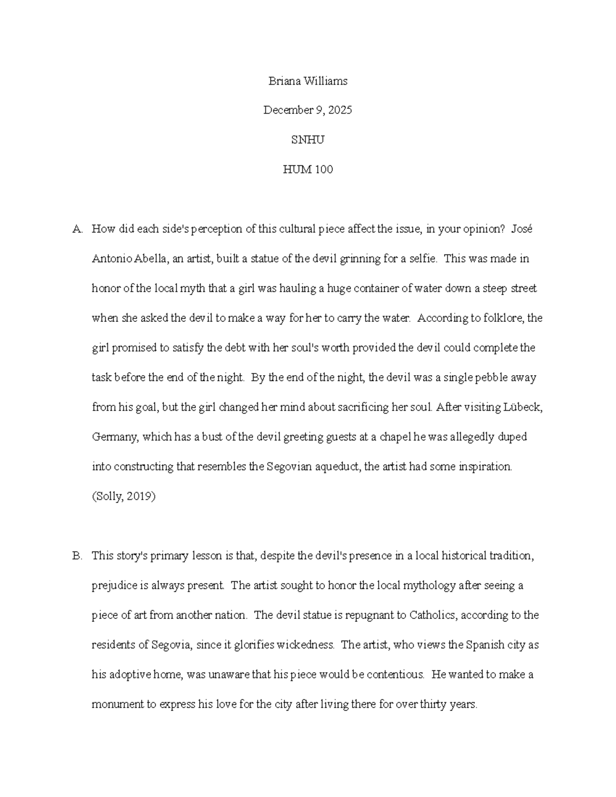 Cultural Perceptions of Abella's Devil Statue: HUM 100 Analysis - Studocu