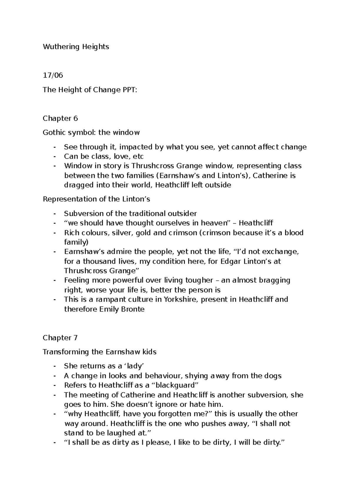 Wuthering Heights (ENG 201) Lecture Notes: Chapter 6 & 7 Analysis - Studocu