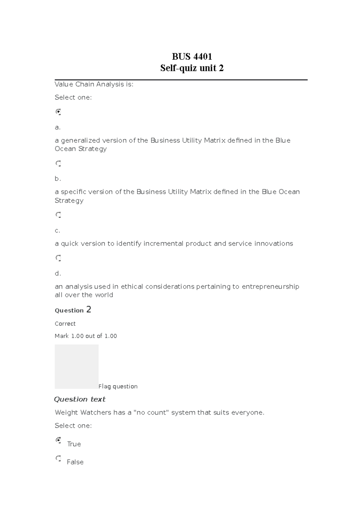 BUS 3301 Self-Quiz: Unit 2 on Value Chain Analysis and Weight Watchers ...