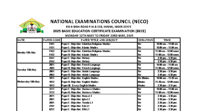 2025 BECE Timetable - Smooth - DATE PAPER CODE PAPER TITLE AND SUBJECT ...