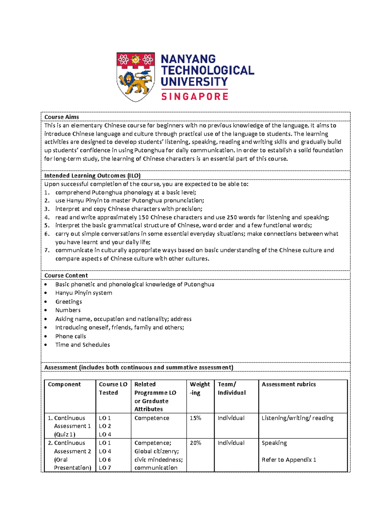 LC5001 - Elementary Chinese Course Outline for Beginners - Studocu