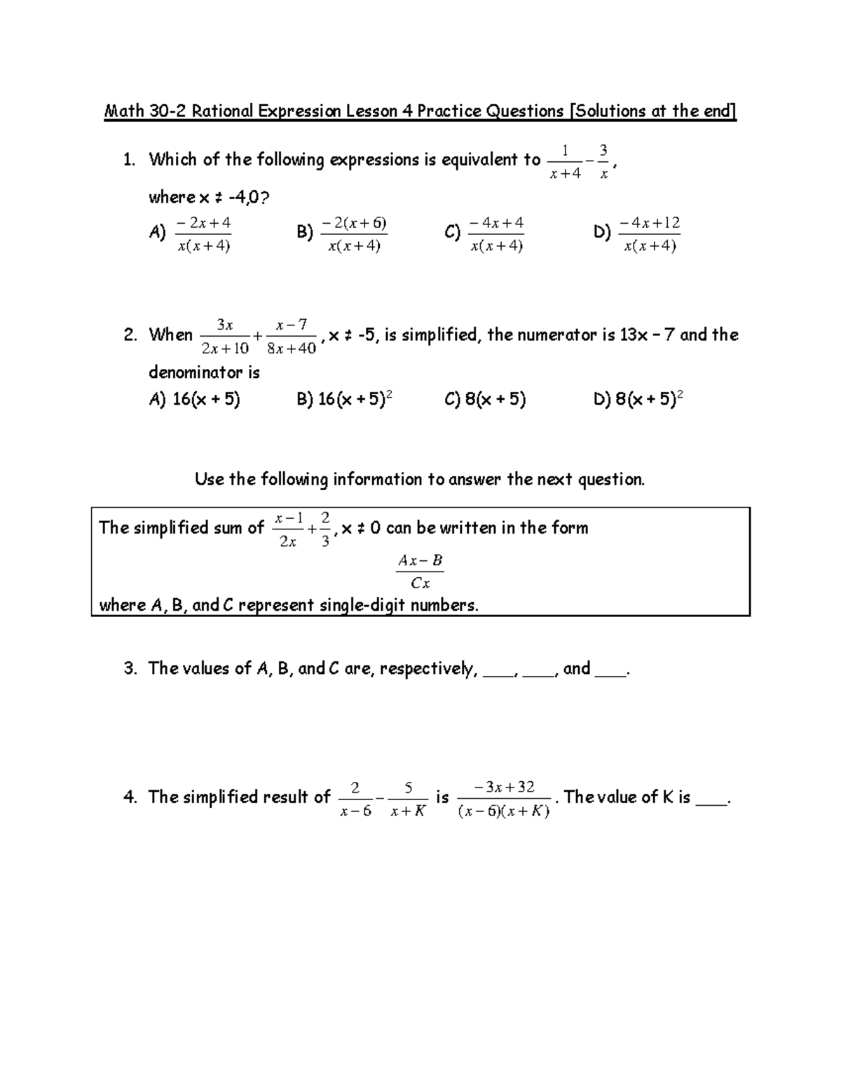 Math 30 2 Rational Expressions Lesson 4 Practice Questions Solutions ...
