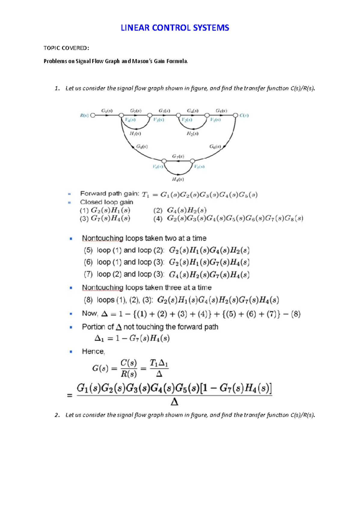 Signal Flow Graph Problems & Mason's Gain Formula - EE 2021 - Studocu