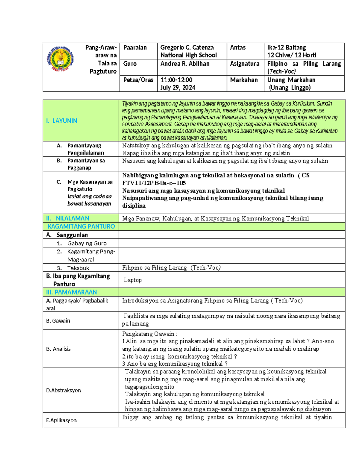 LP FPL TECH-VOC WEEK 1 - Lesson Plan at Educational Activities - Studocu