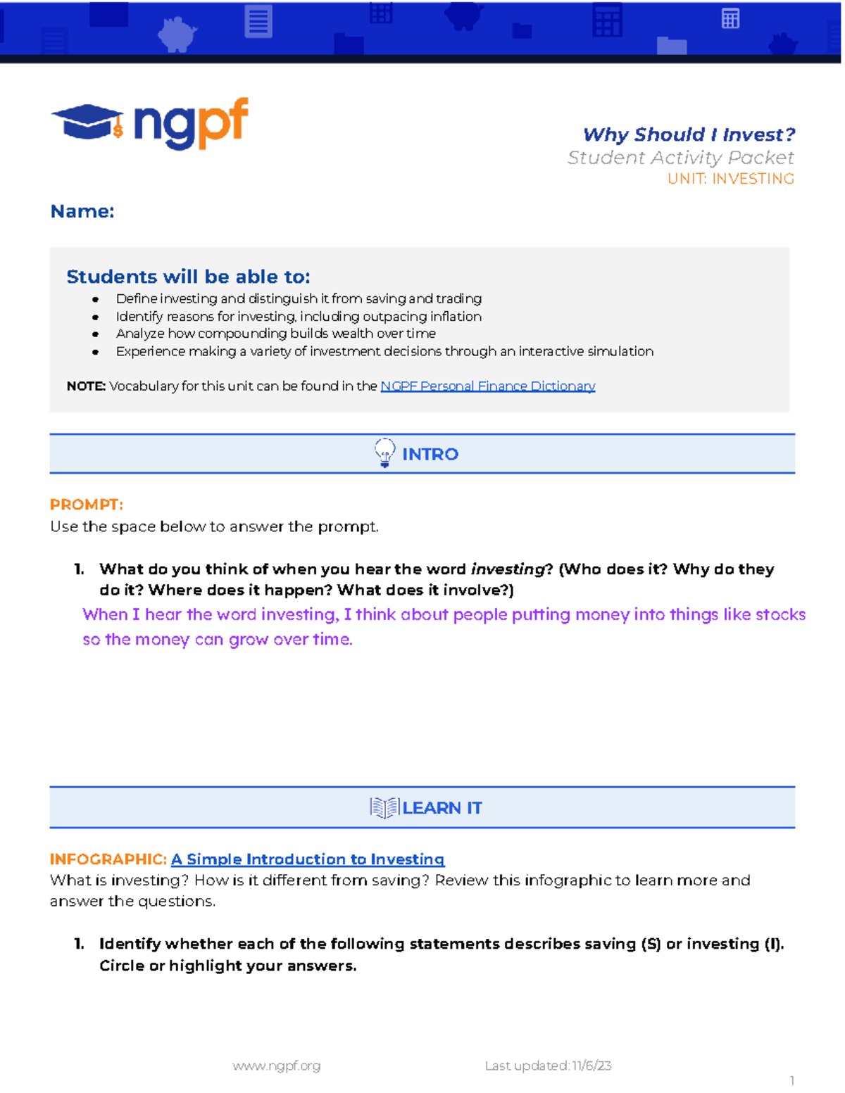 INVESTING 101: Why Should I Invest? Student Activity Packet - Studocu