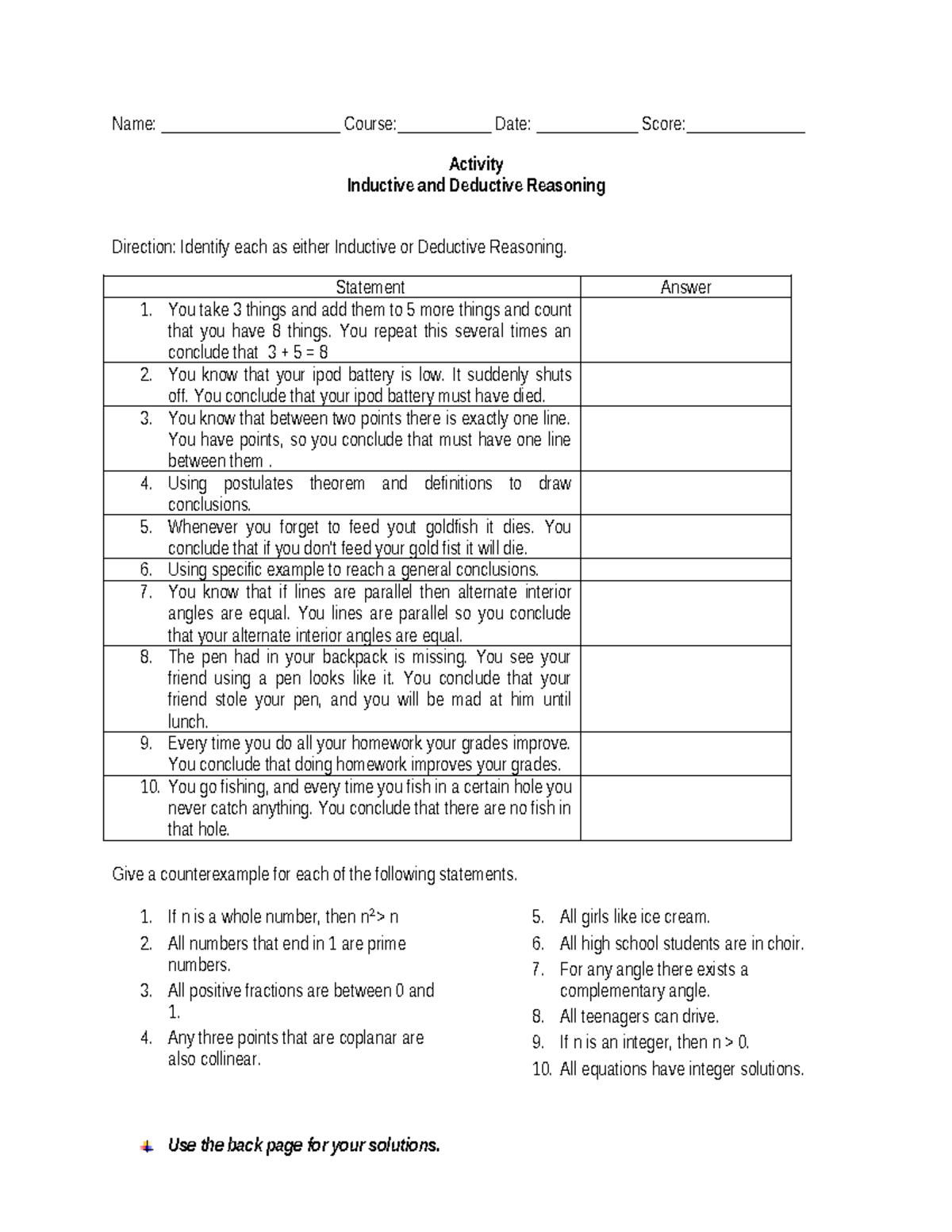 Reasoning Activity: Inductive & Deductive Examples and Counterexamples ...