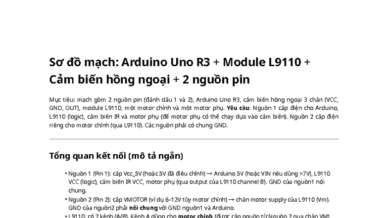 Sơ Đồ Mạch Arduino Uno R3 + L9110 + Cảm Biến IR + 2 Nguồn Pin - Studocu