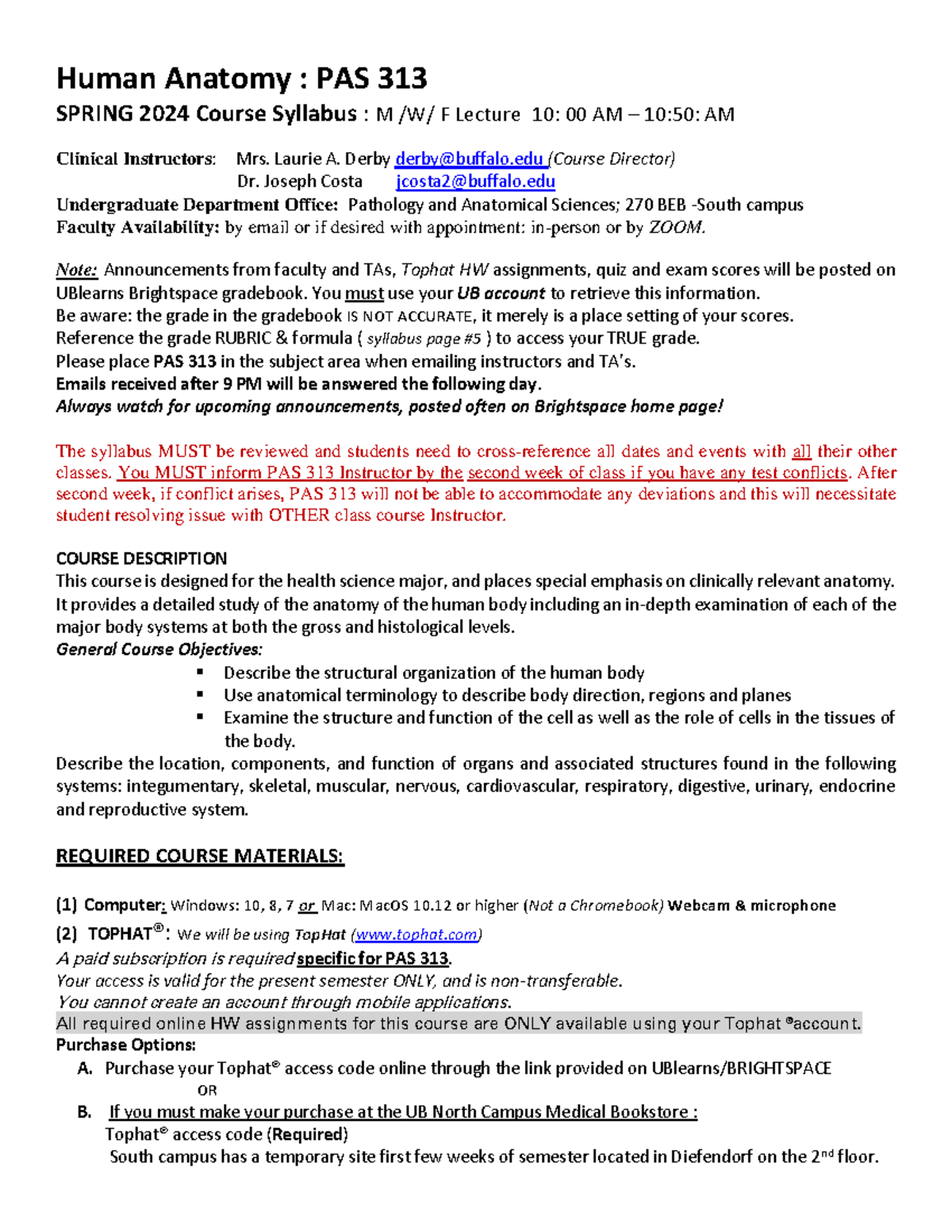 PAS 313 Spring 2024 Human Anatomy Course Syllabus & Schedule - Studocu