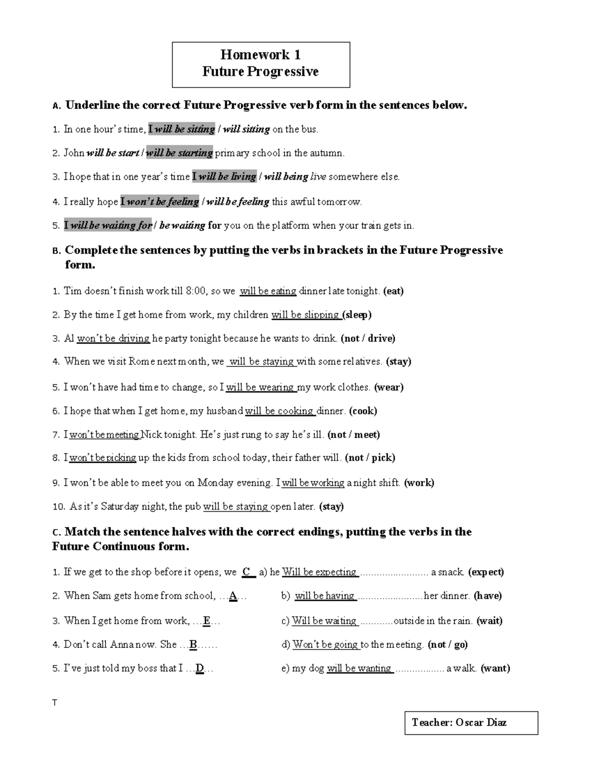 Homework 1: Future Progressive Verb Forms Practice - Studocu