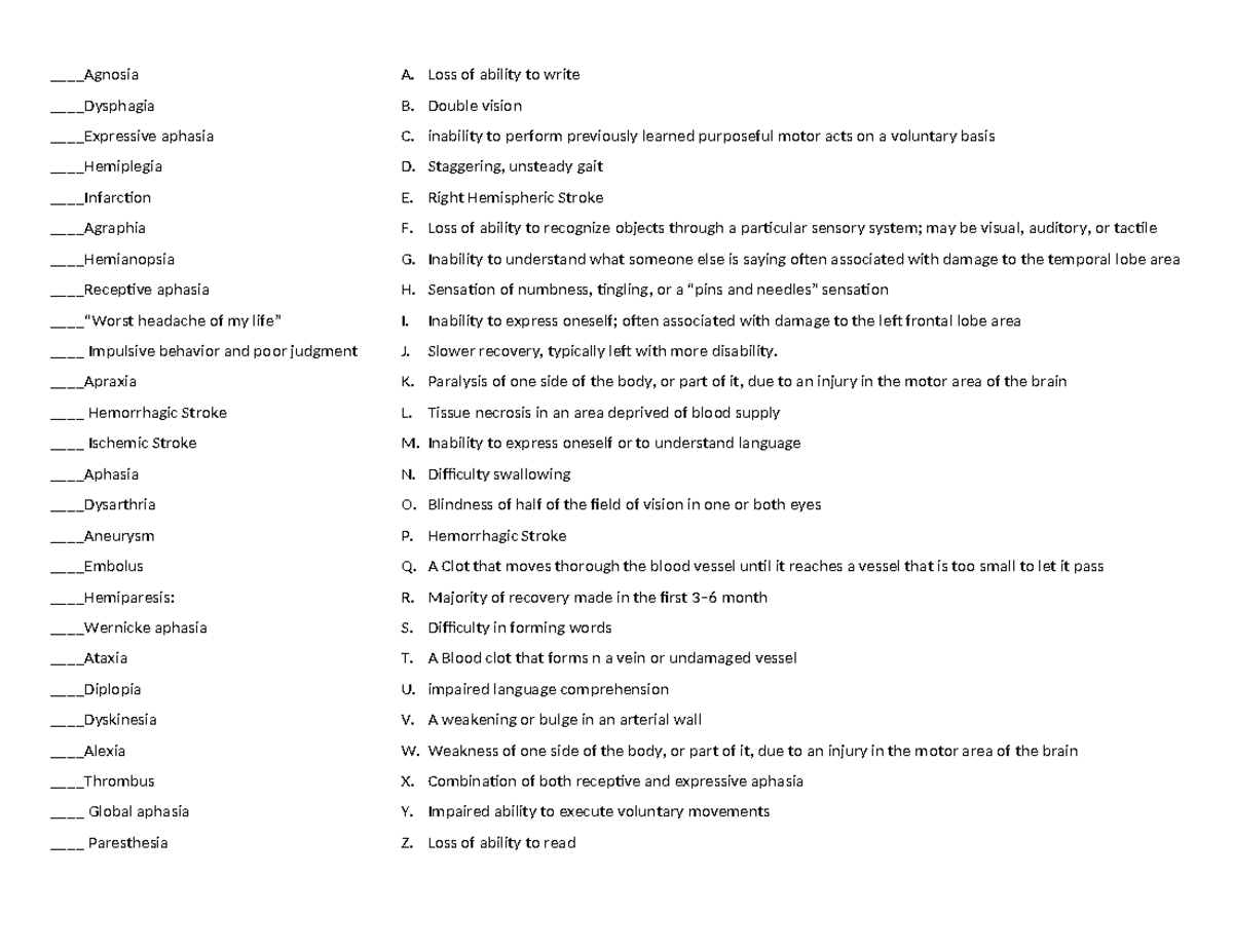 3250 Stroke Words Work Sheet &A - ____Agnosia A. Loss of ability to ...