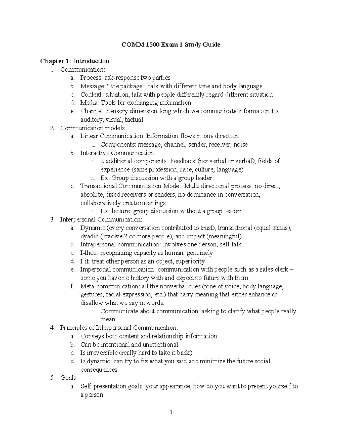 COMM 1500 Exam 1 Study Guide: Chapters 1 to 4 Overview - Studocu