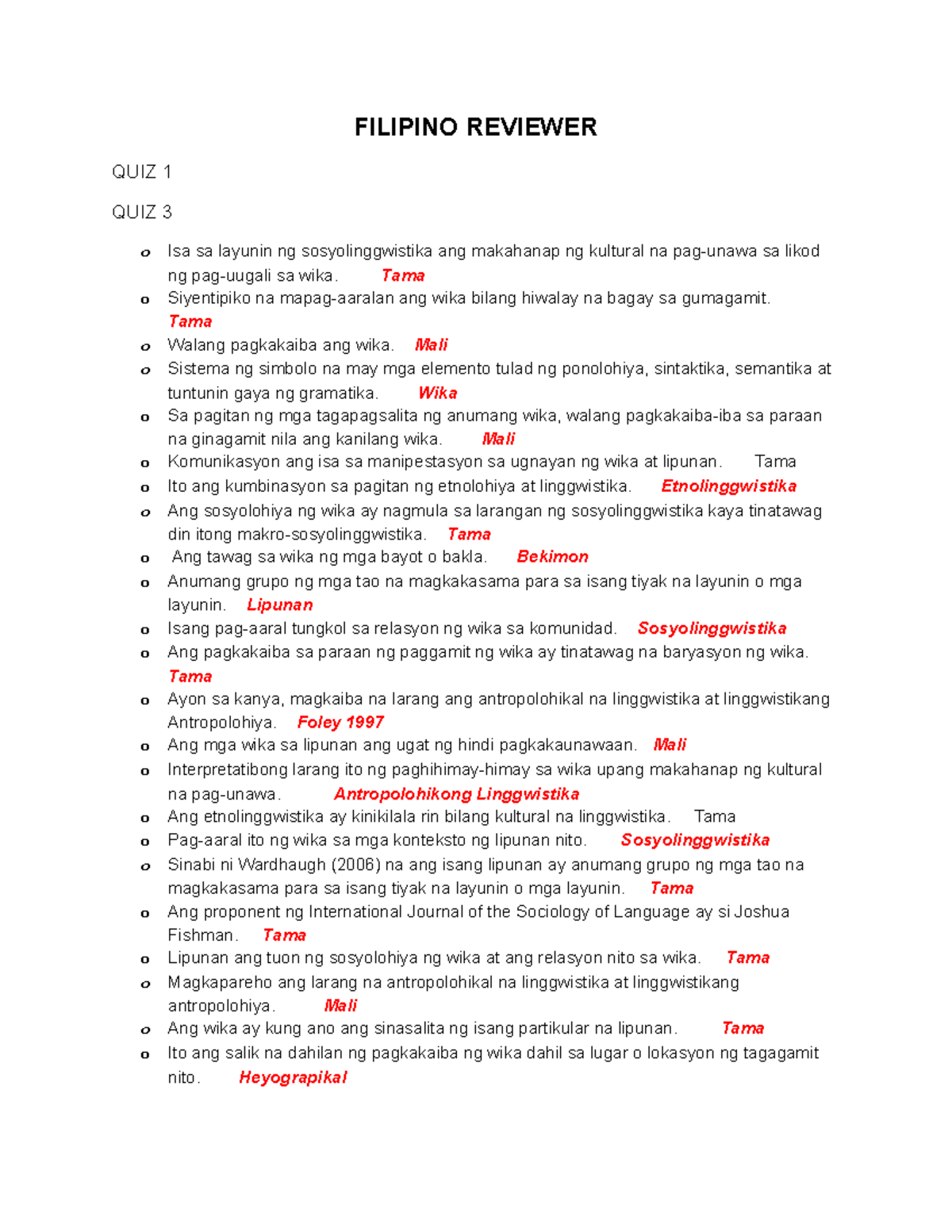 Wika at Kultura sa Mapayapang Lipunan: Midterm Filipino Reviewer - FILIPINO REVIEWER QUIZ 1 QUIZ ...