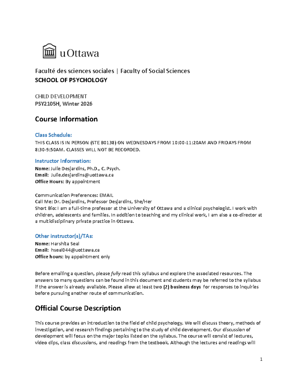 Syllabus for Child Development PSY2105H - Winter 2026 - Studocu