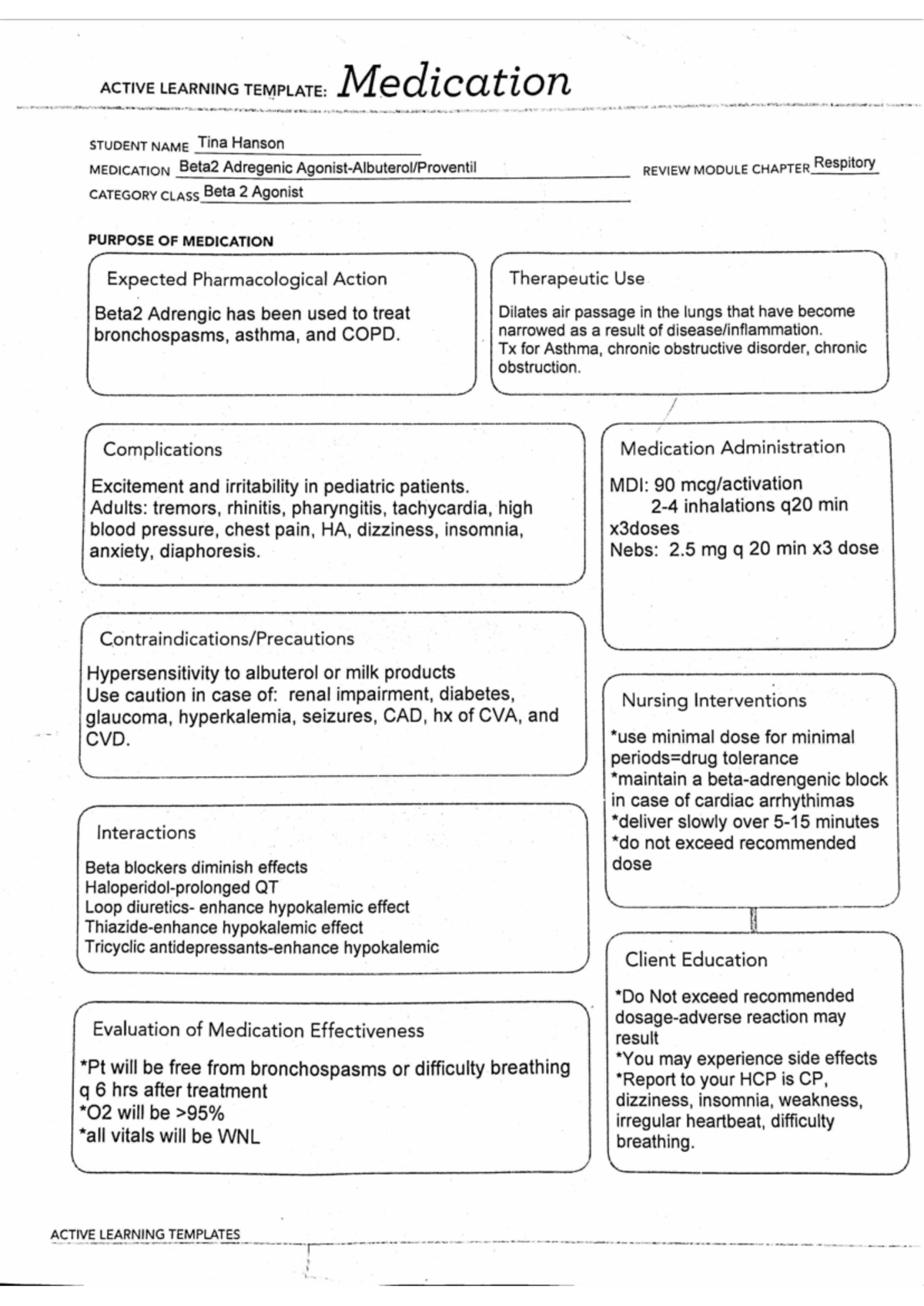 Albuterol Med - Med sheets - ACTIVE LEARNING TEMPLATE: Medication ...