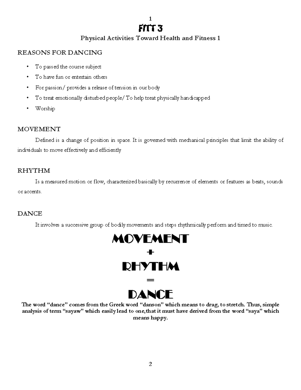 FITT 3 Dance Lecture Handout - FITT 3 Physical Activities Toward Health ...