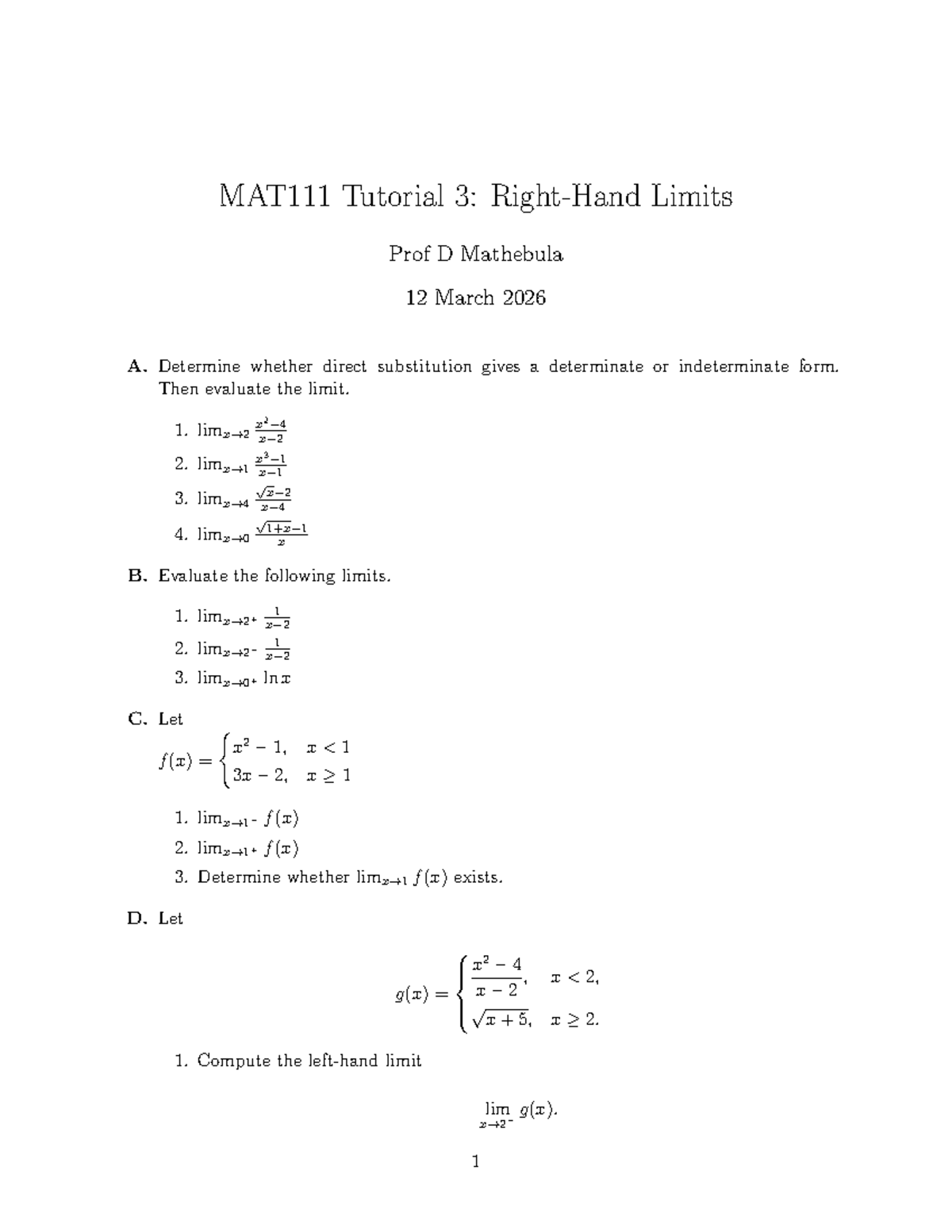 MAT111 Tutorial 3: Evaluating Limits and Determining Forms - Studocu