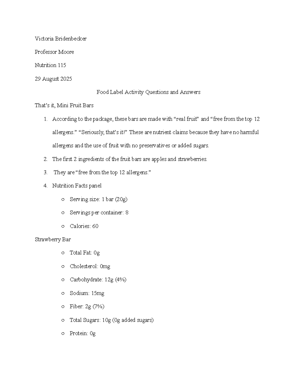 Nutrition 115: Food Label Activity Q&A on Mini Fruit Bars - Studocu