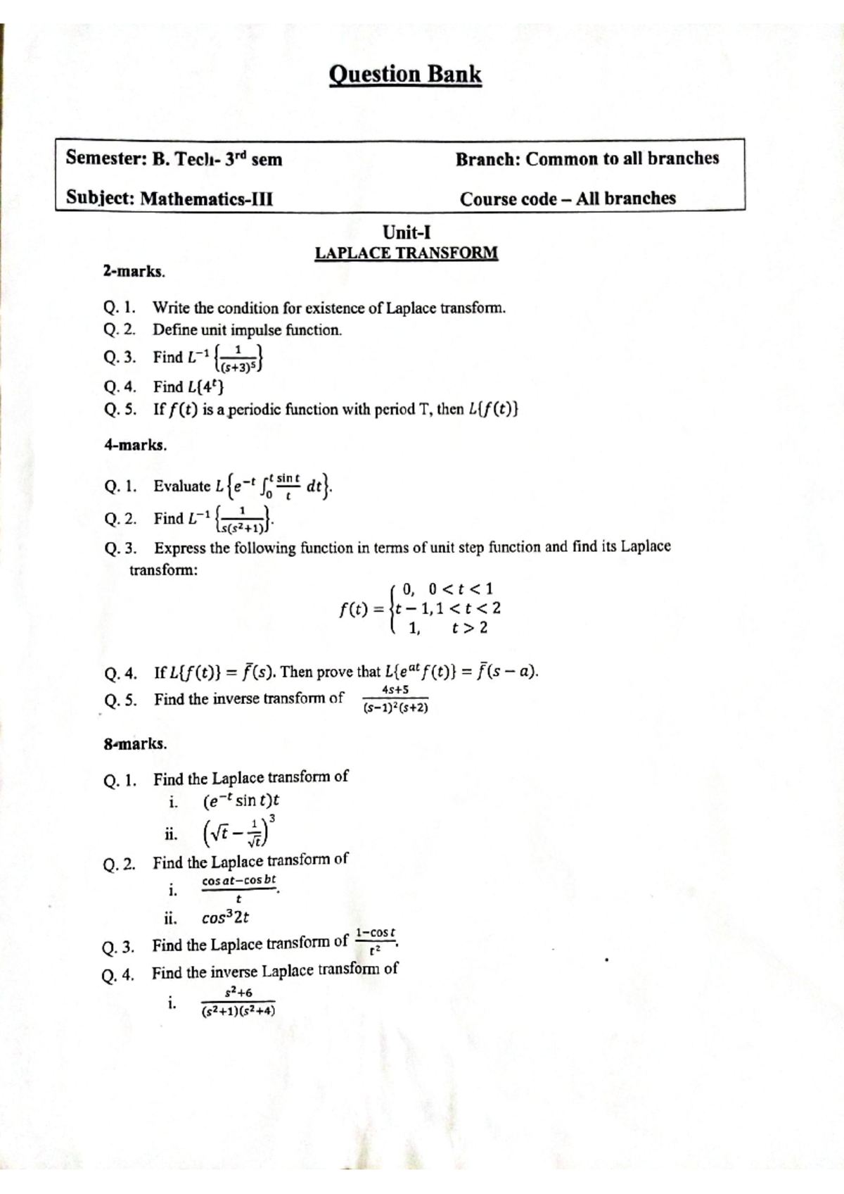 3rd Sem Question Bank: Laplace Transform & Random Variables - Studocu