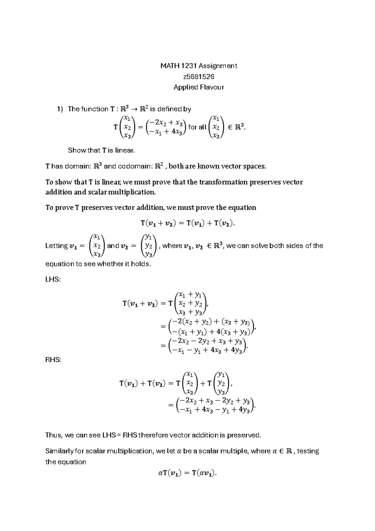 MATH 1231 Assignment: Linear Transformations & Subspaces Analysis - Studocu