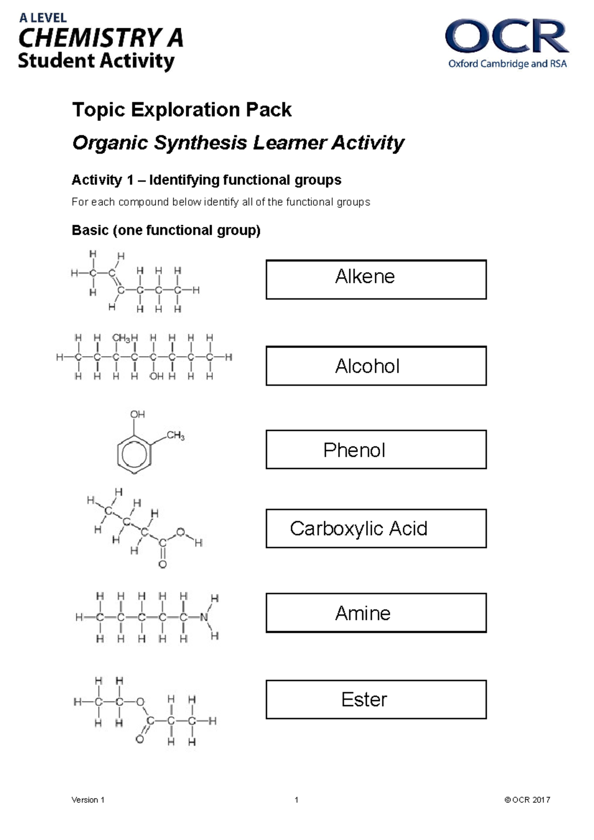 OCR 2017 Organic Synthesis: Functional Groups & Reactions Activity Pack ...