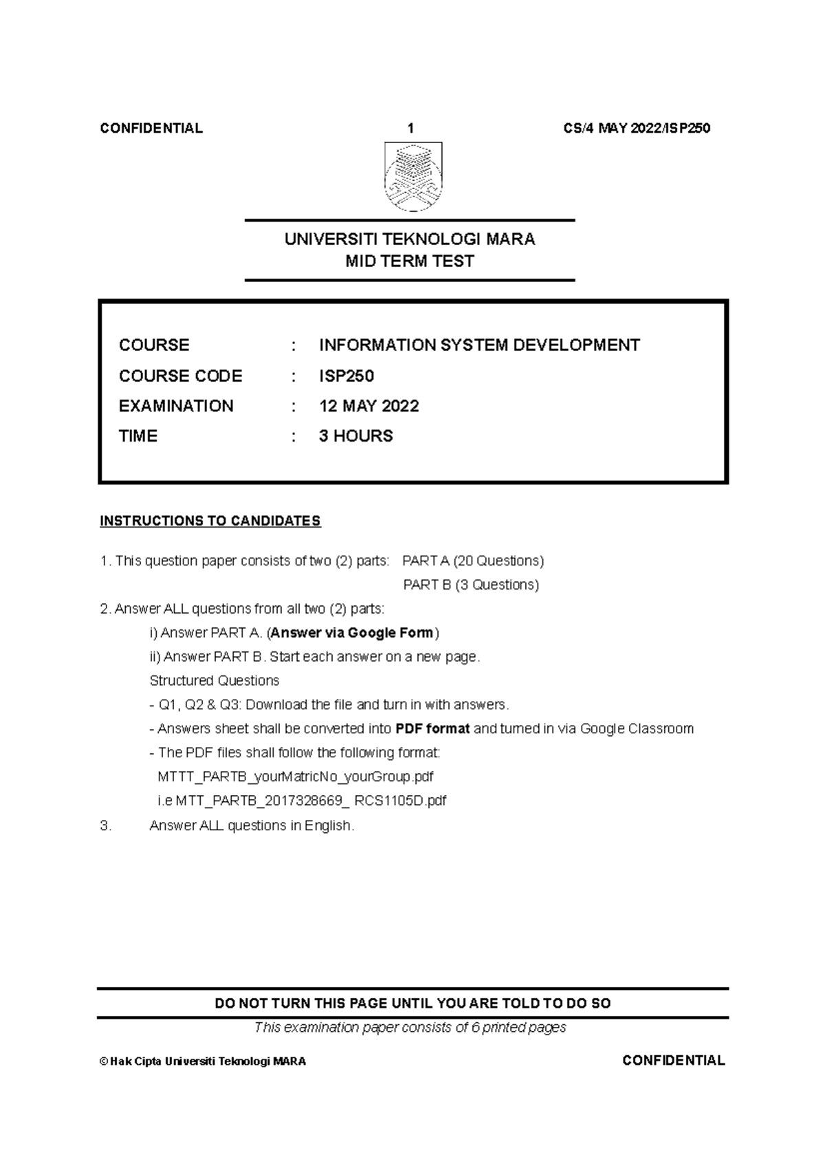 Mid Test ISP250 - 20222 - UNIVERSITI TEKNOLOGI MARA MID TERM TEST ...