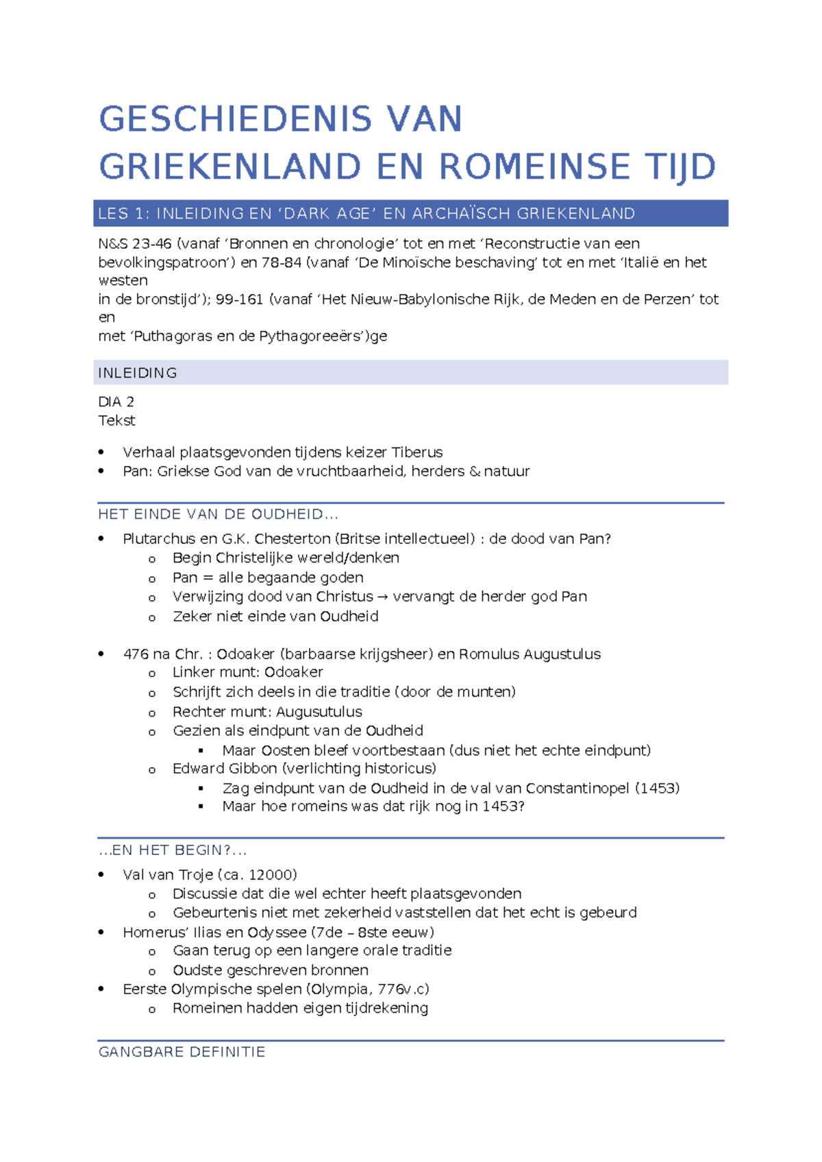 GESCHIEDENIS VAN GRIEKENLAND EN ROMEINEN LES 1: INLEIDING EN ARCHAÏSCHE ...