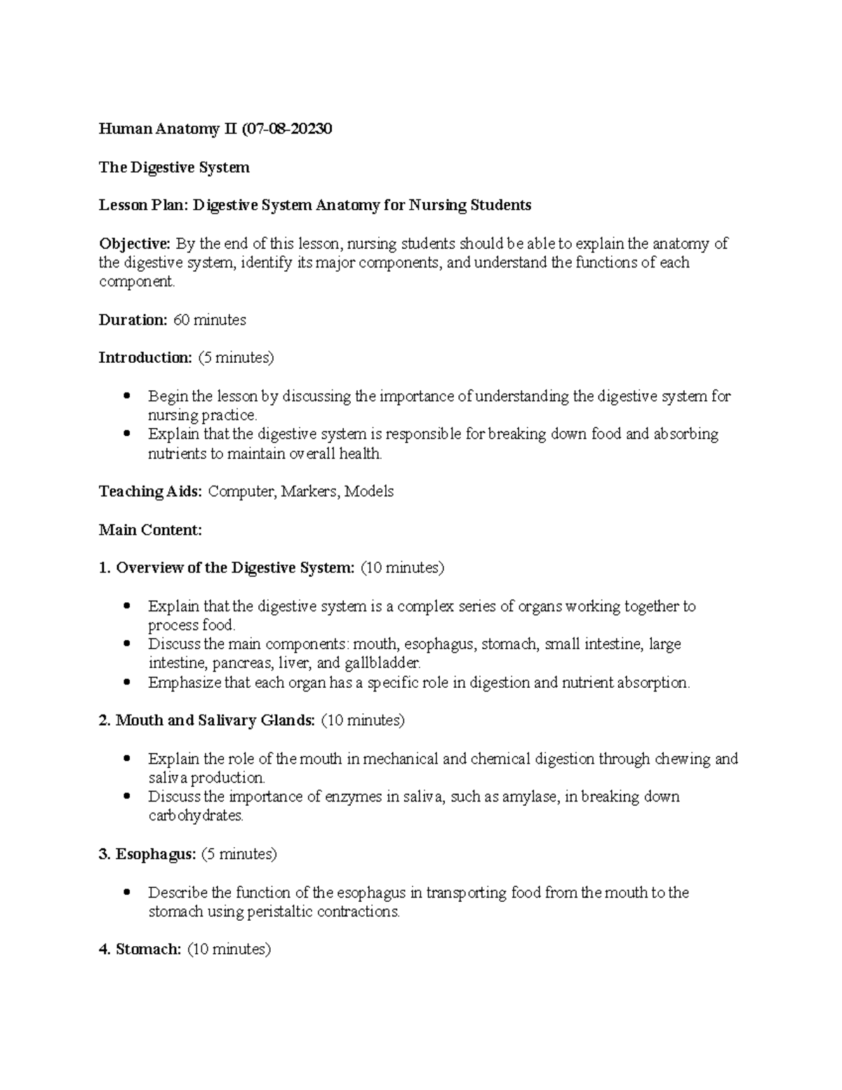 Lesson Plan: Digestive System Anatomy for Nursing Students (AN 201 ...