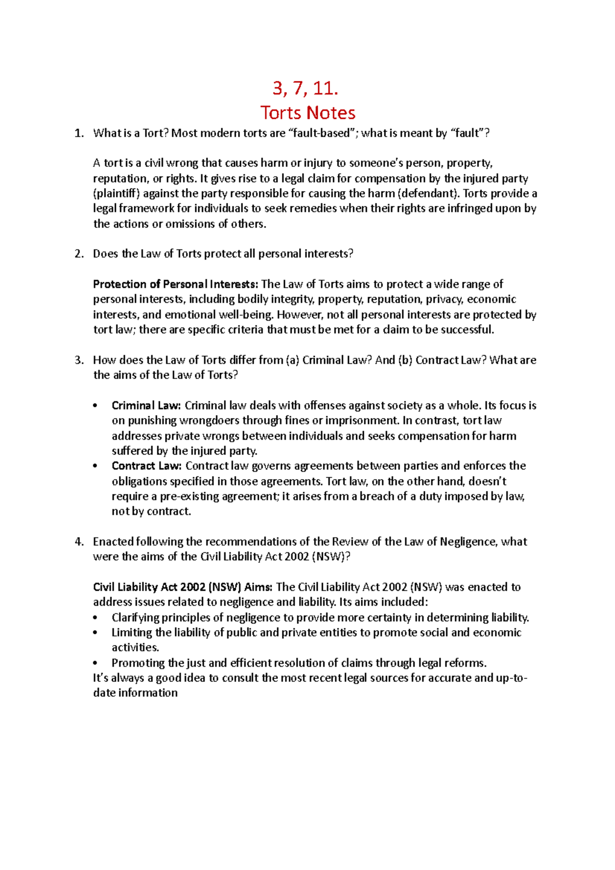 Torts Law Notes (Course Code: LAW123) - Key Concepts & Cases - Studocu