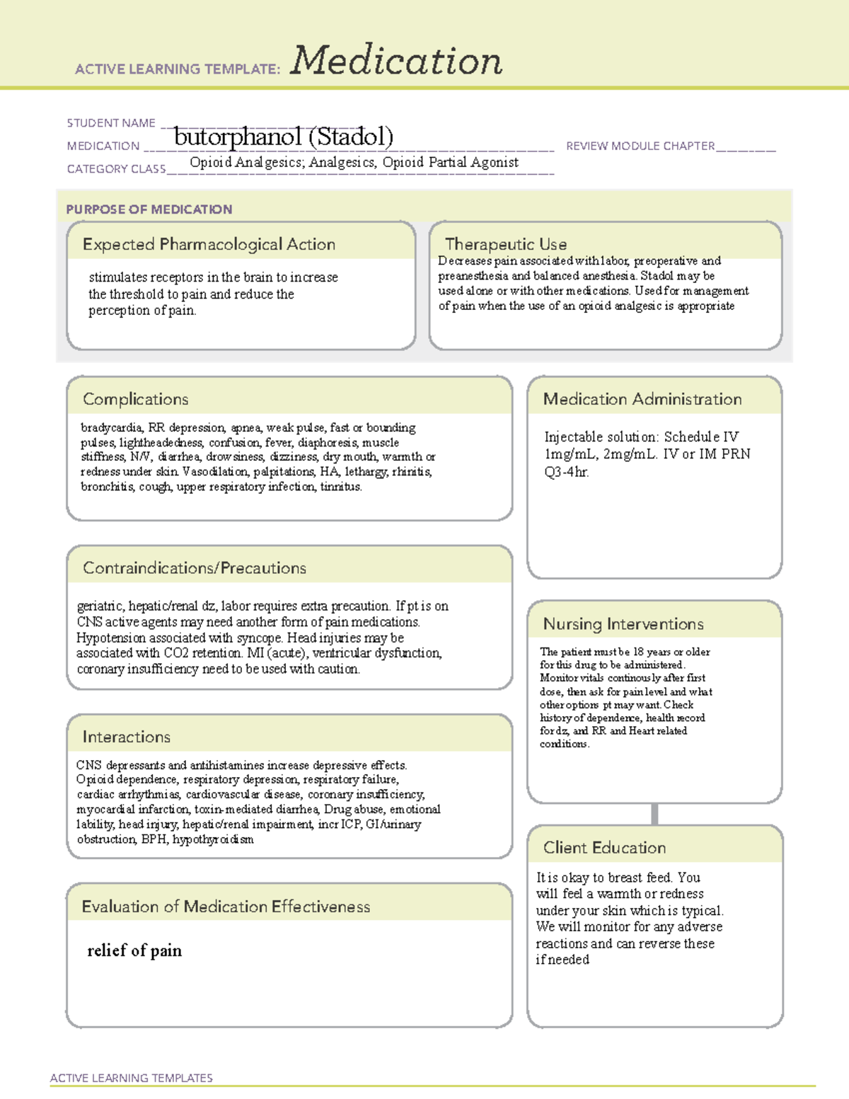 ATI Medication Template: Active Learning on Butorphanol (Stadol) - Studocu