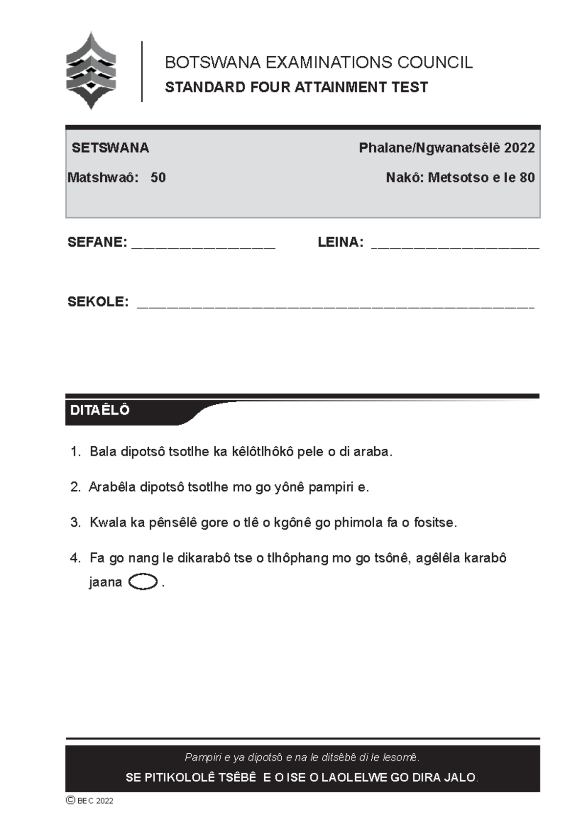 2022 STD 4 Setswana - Tutorial Questions for Term 1 & 2 - Studocu