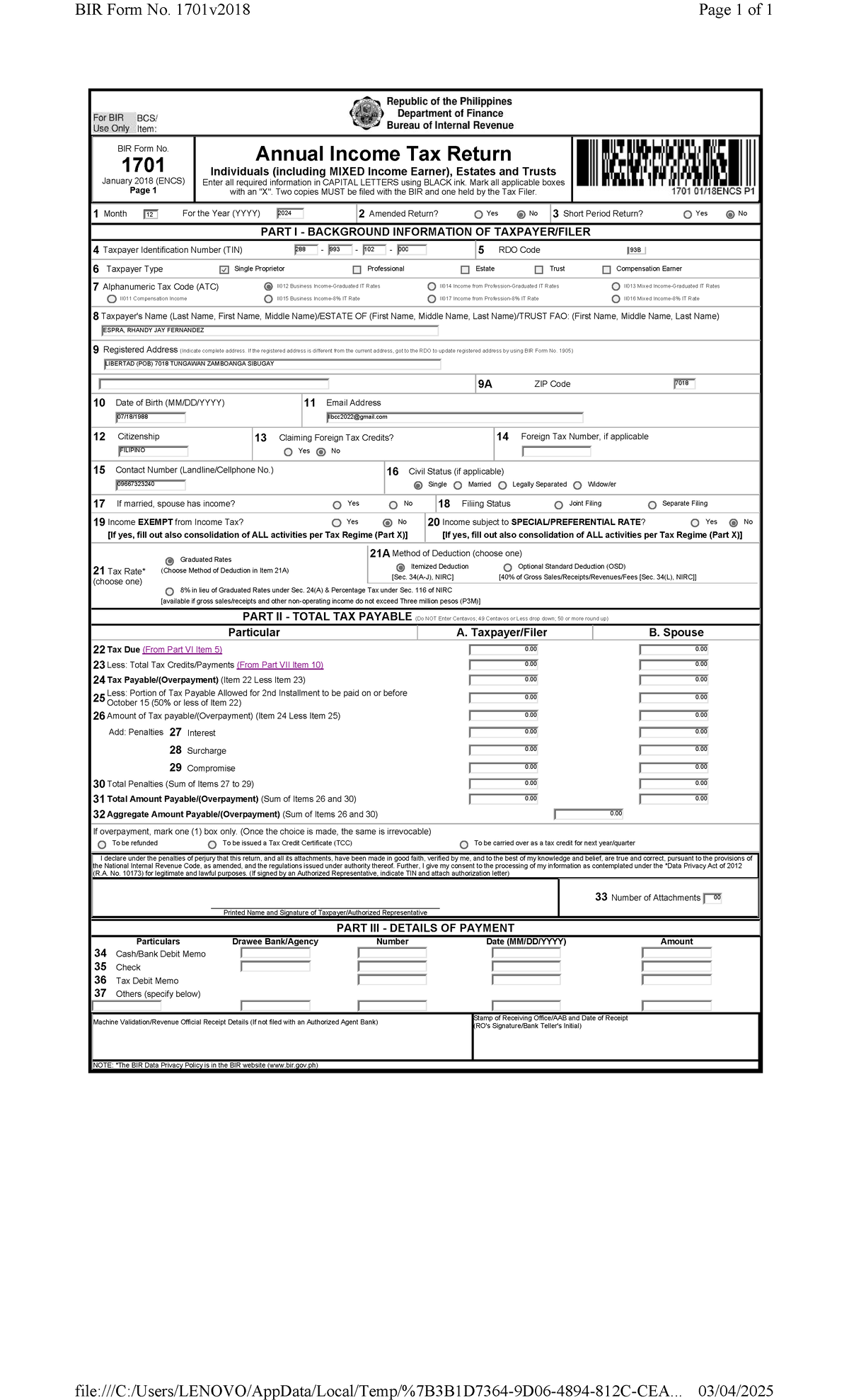 BIR Form No. 1701v2018 Annual Income Tax Return ITR 1 Draft - Studocu