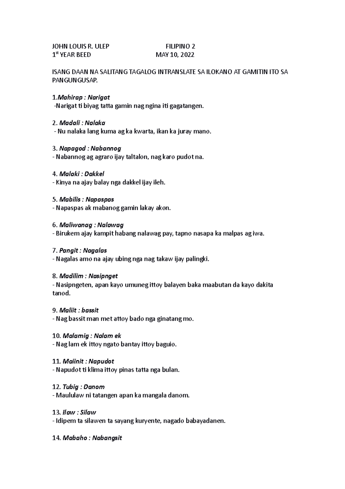 Ilokano to Tagalog: Vocabulary Translation and Usage in Sentences - Studocu