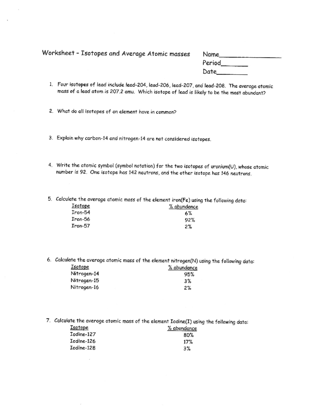 Isotope Analysis Worksheet for Science Co23011810050 - Studocu