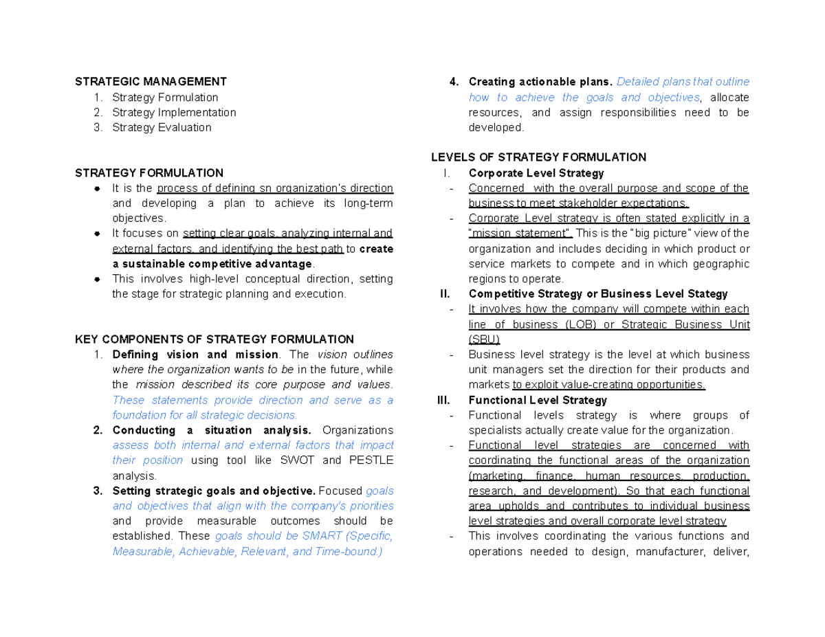 Strat MGT: Strategy Formulation, Implementation & Evaluation Guide - Studocu