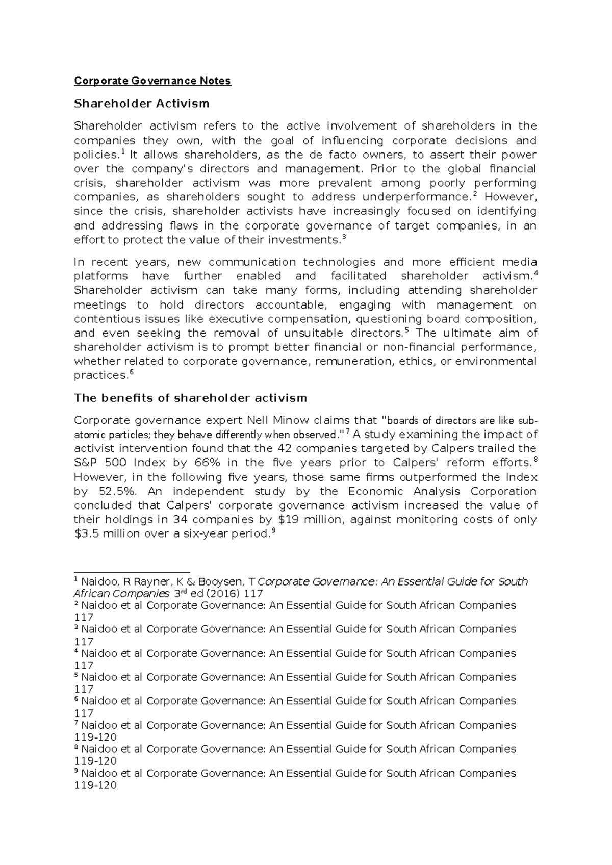 Corporate Governance Notes: Shareholder Activism Insights - Studocu