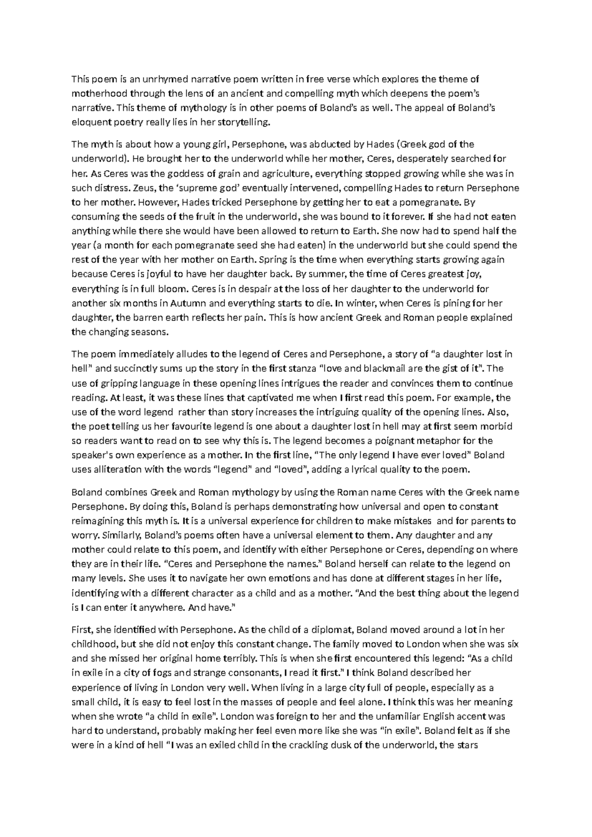 Pomegranate: Analysis of Boland's Poem on Motherhood and Myth - Studocu