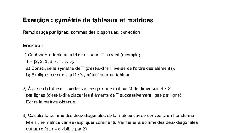 Exercice : Symétrie de Tableaux et Matrices - Remplissage et Diagonales ...