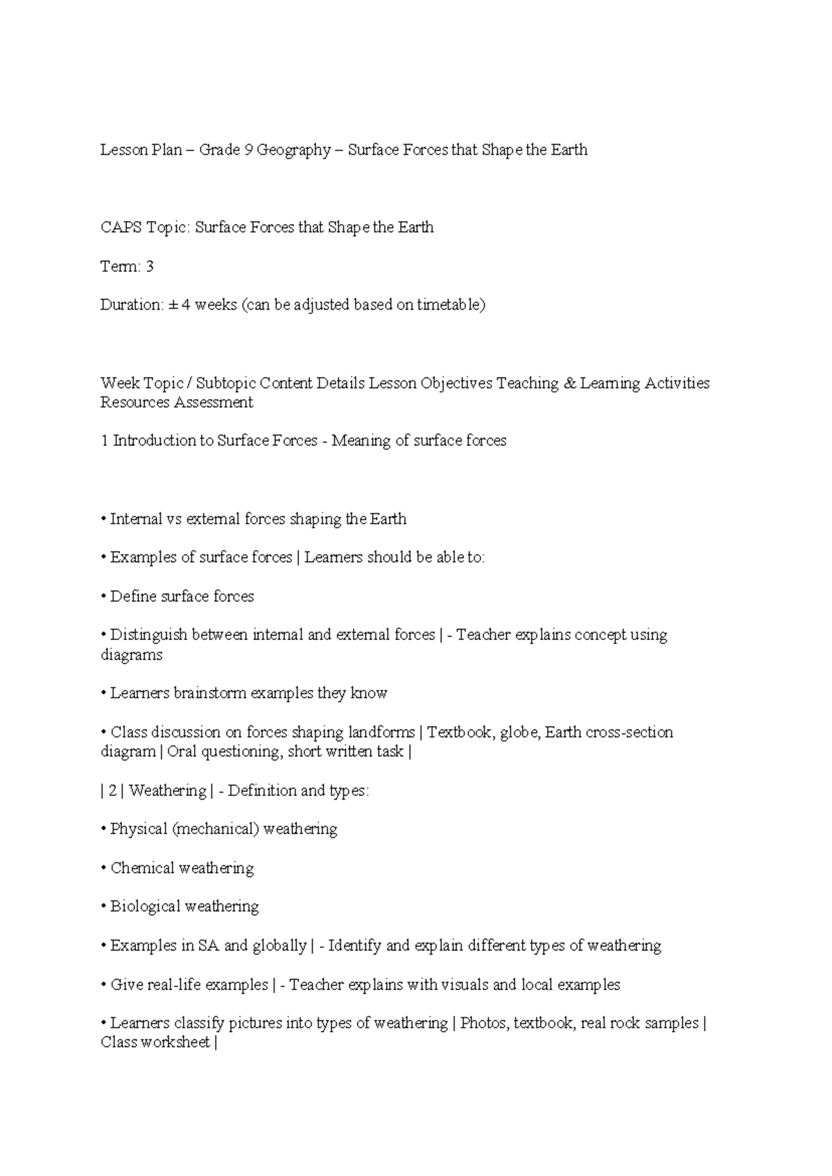 Grade 9 Geography Lesson Plan: Surface Forces Shaping Earth - Studocu