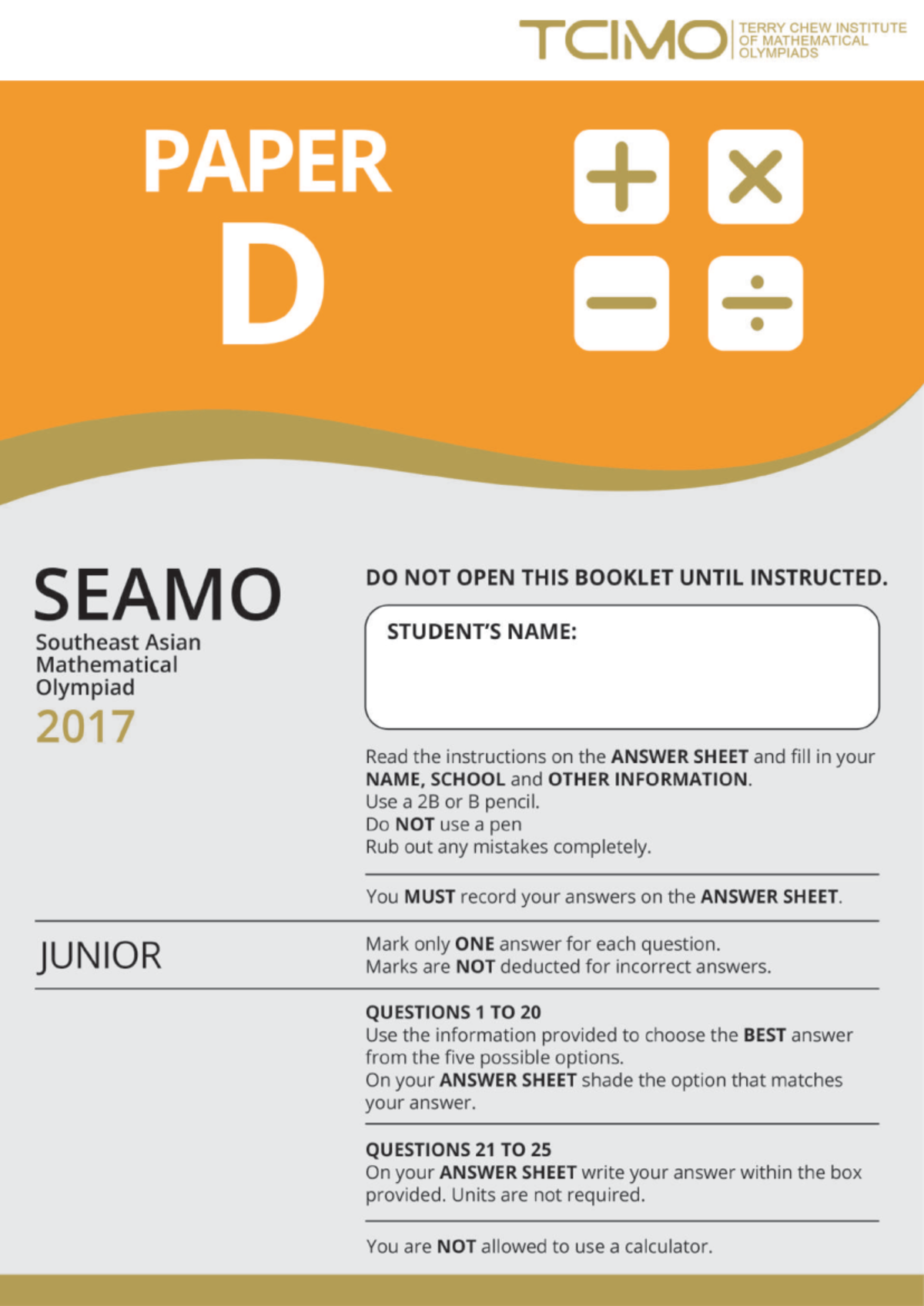 SEAMO 2017 Paper D - QA & Answers for MCQs and Free Responses - Studocu