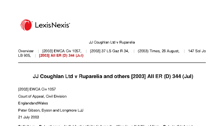 JJ Coughlan Ltd v Ruparelia Overview - EWCA Civ 1057 (2003) Analysis ...