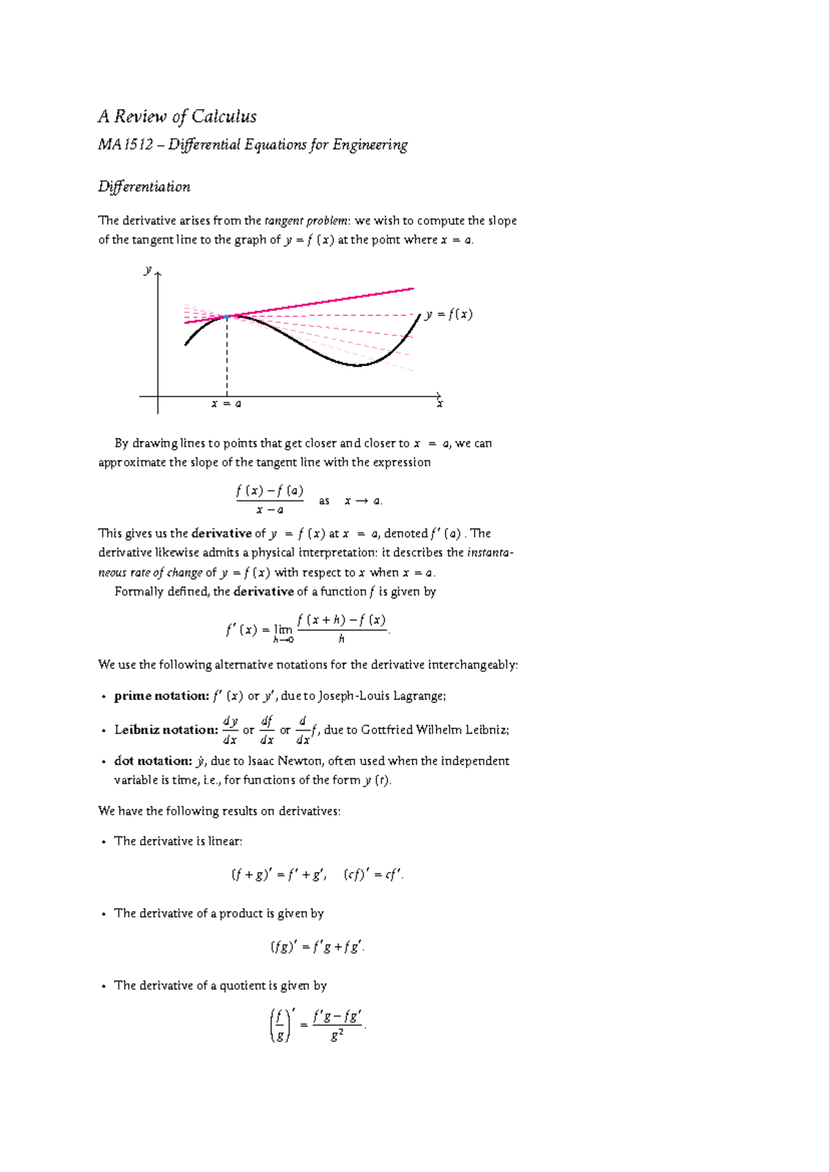 A Review of Calculus MA1512: Differentiation and Integration Concepts ...