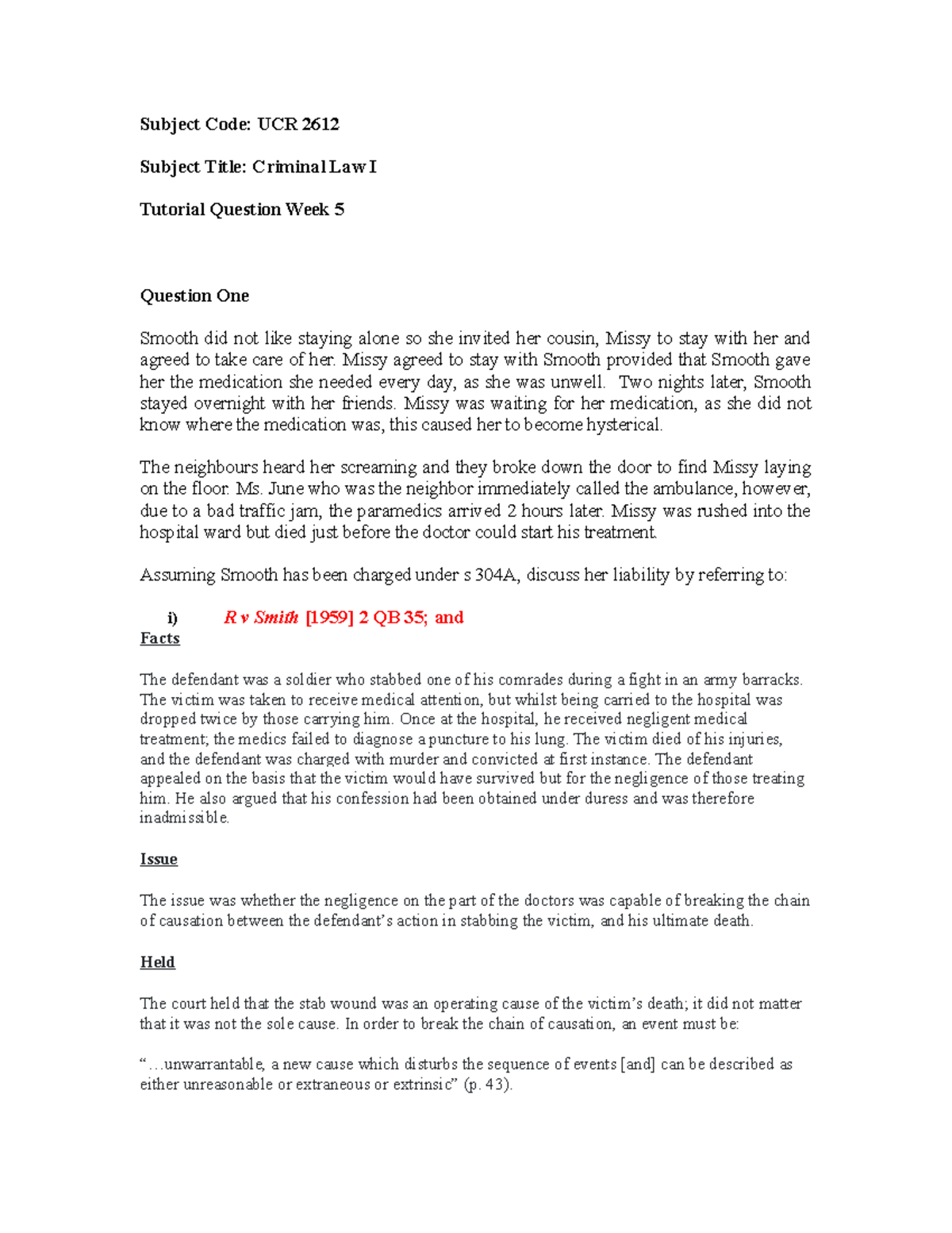 Criminal tuto 5 - Subject Code: UCR 2612 Subject Title: Criminal Law I ...