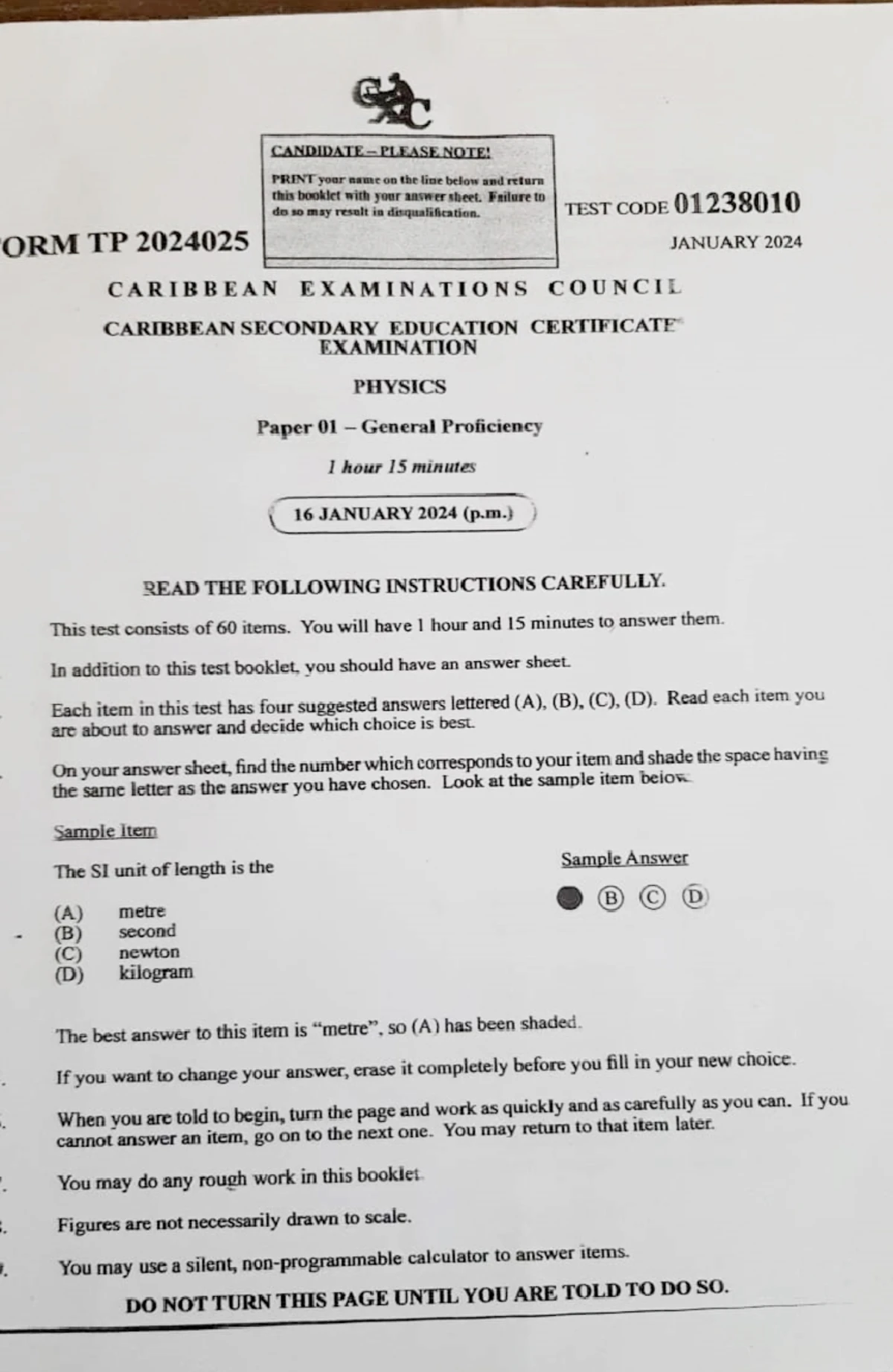 CSEC Physics Paper 01 General Proficiency Exam Instructions 2023 - Studocu