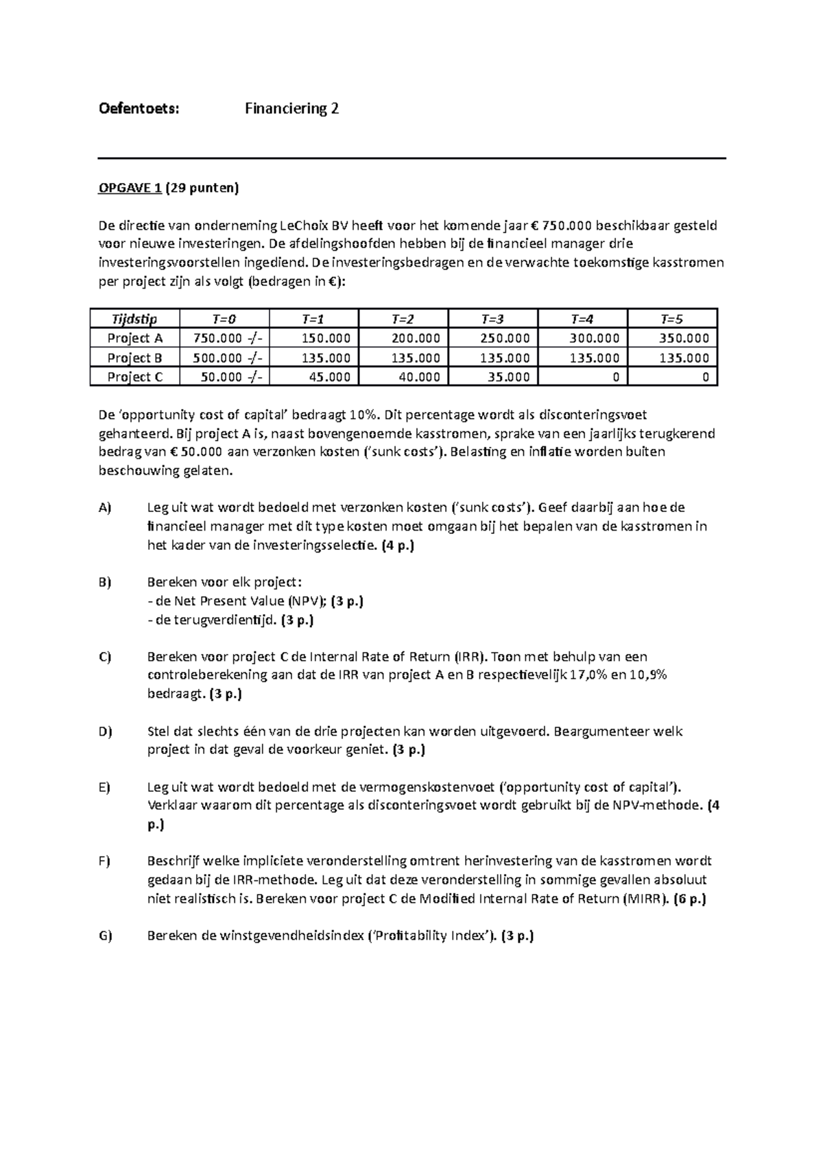 Oefentoets Financiering 2 - Analyse van Investeringen en Portefeuilles ...
