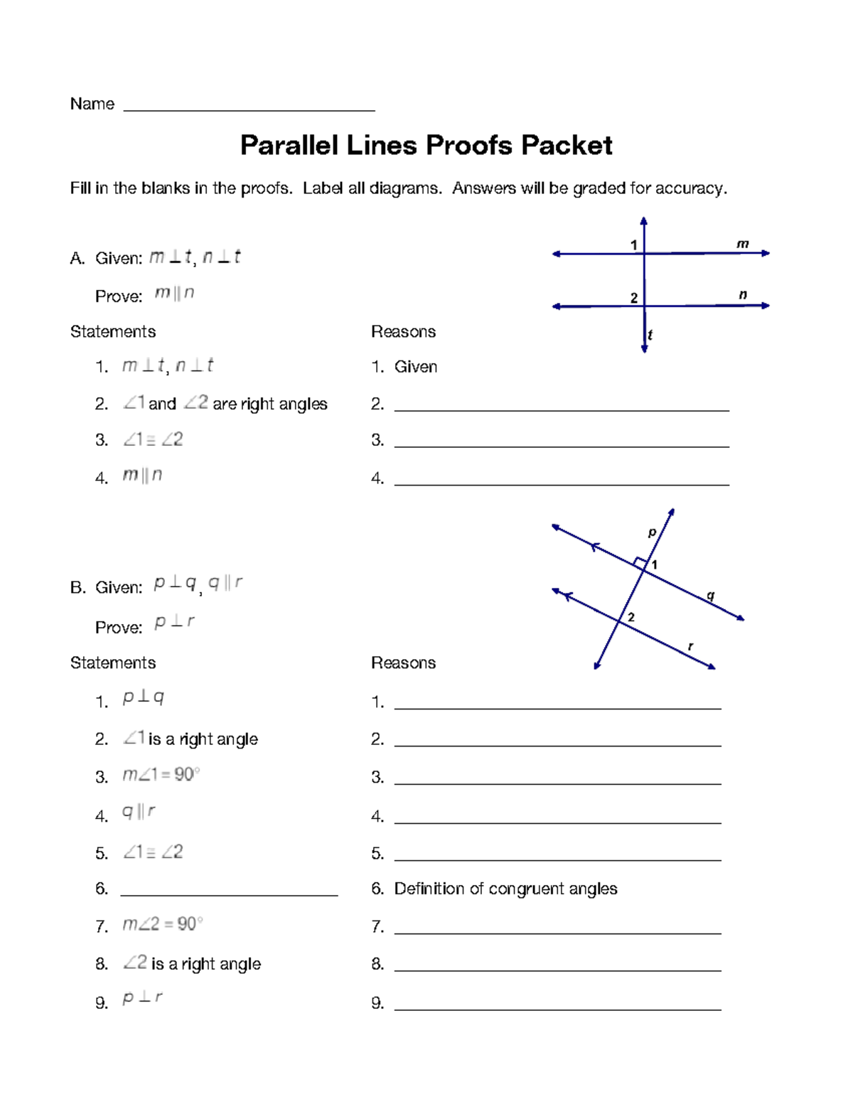 Ch. 3 Parallel Lines Proofs Practice Packet - Studocu