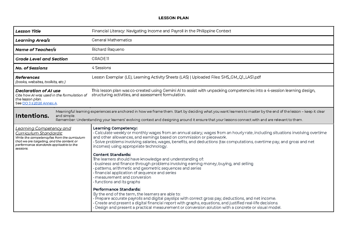 LESSON PLAN: Financial Literacy in General Mathematics (ILAW-GM-T1W1 ...