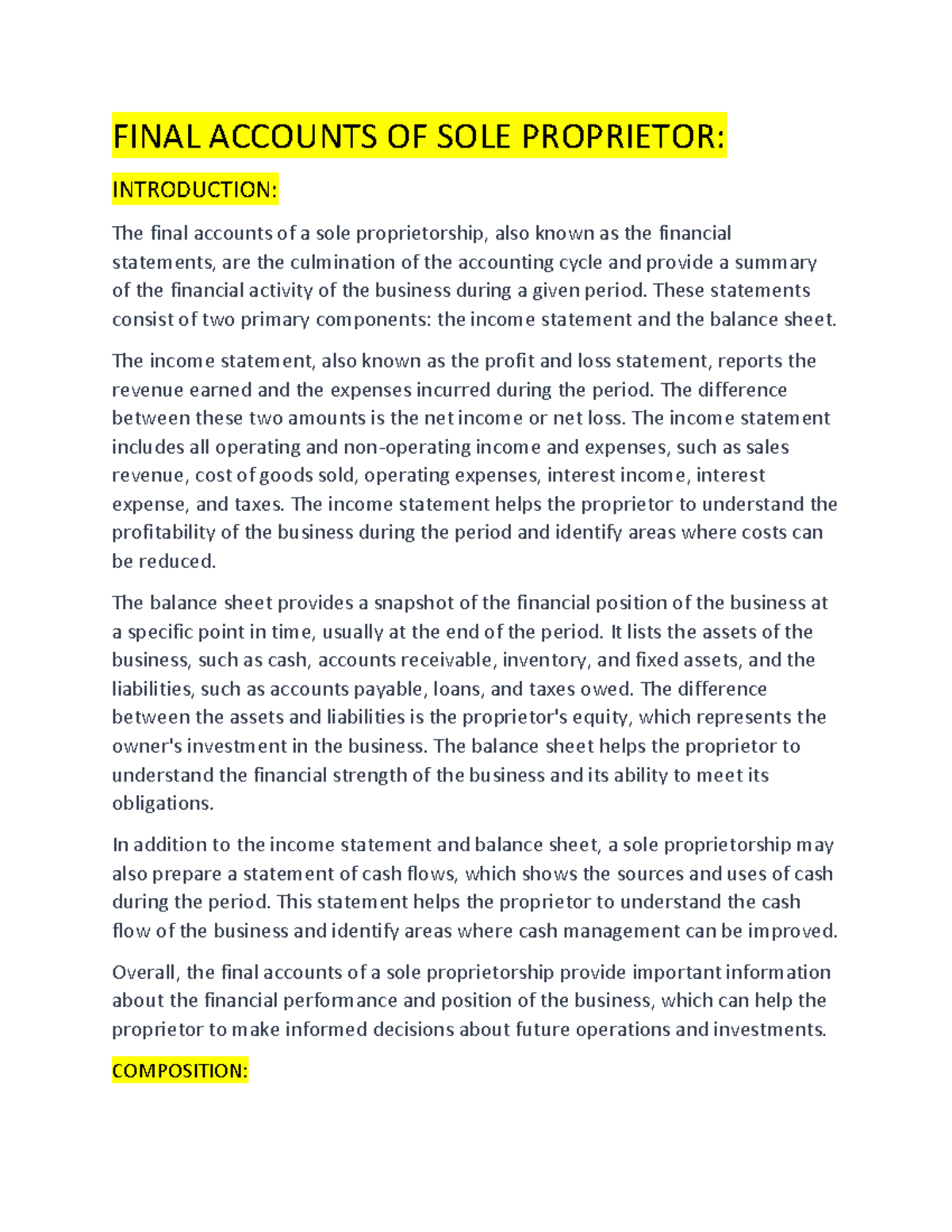 Final Accounts Preparation for Sole Proprietors: Key Insights - Studocu